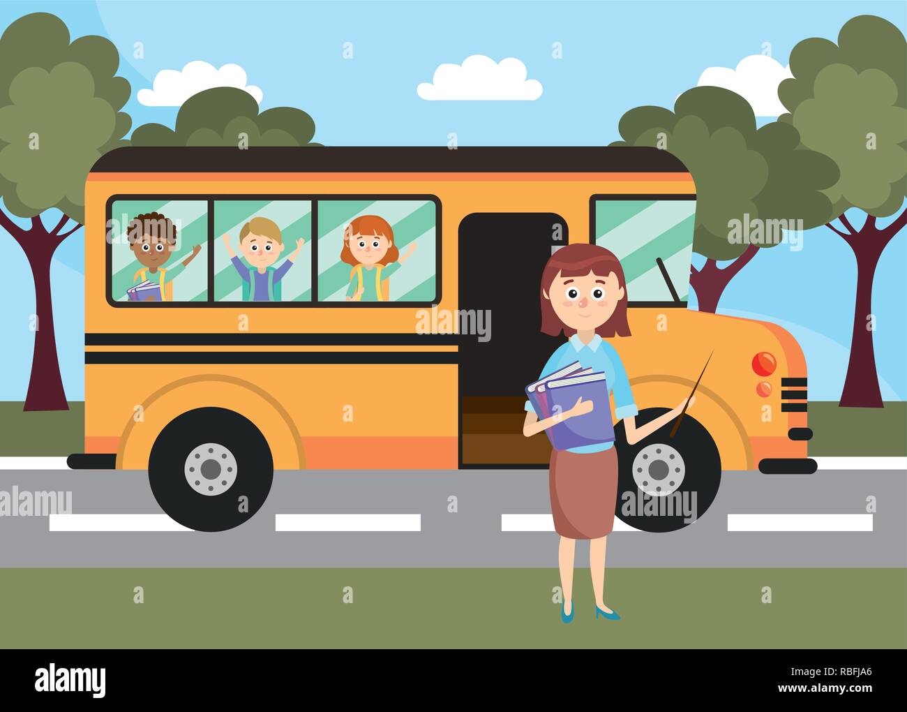 school bus vehicle with teacher and students Stock Vector Image & Art ...