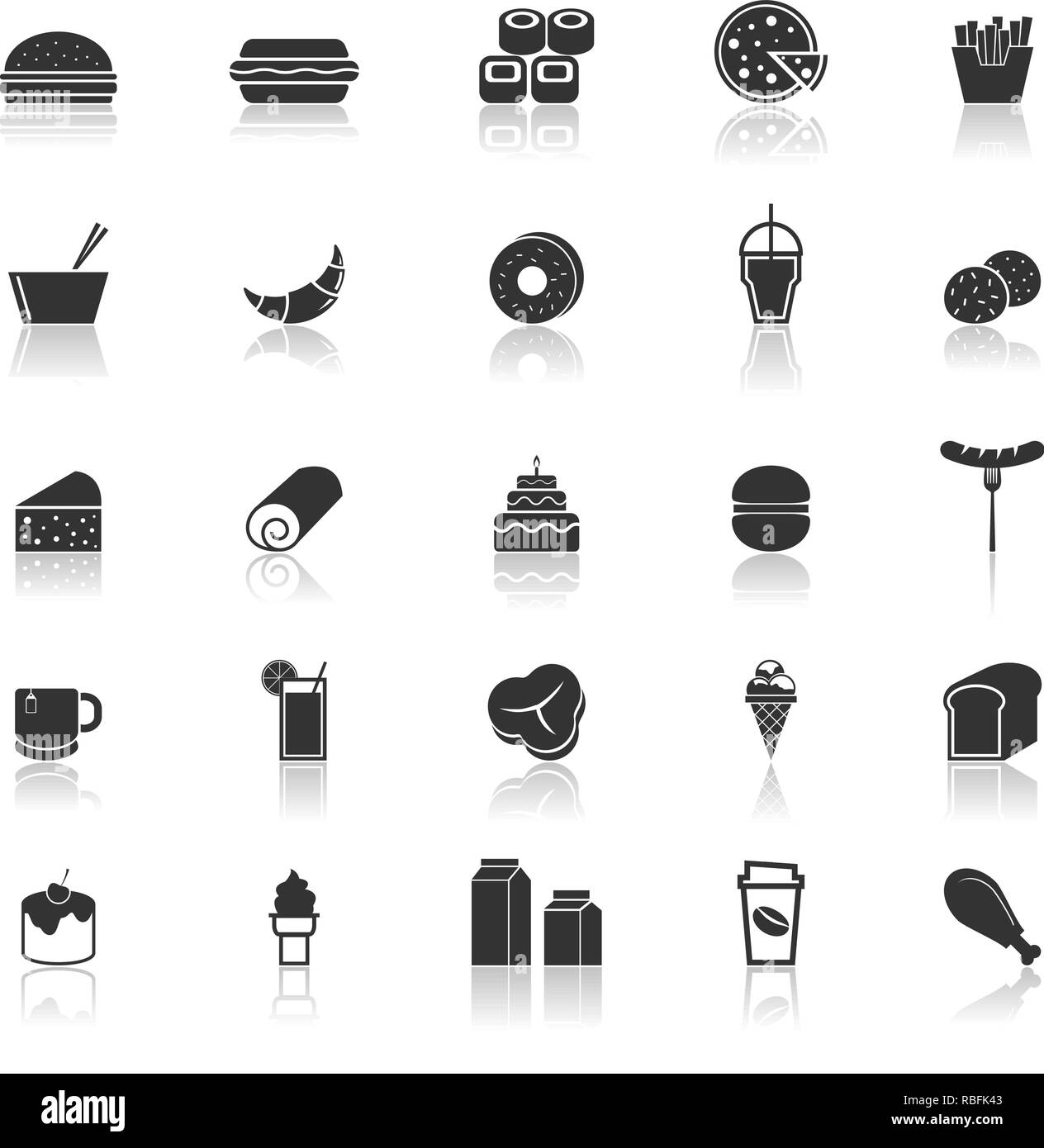 Popular food icons with reflect on white background, stock vector Stock ...