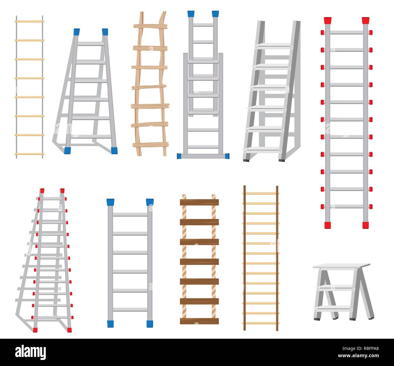 Ladders Set Made from Different Materials: Wood and Metal. Rope Ladder ...