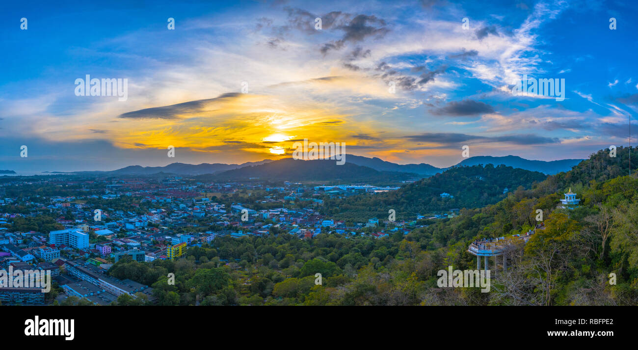 aerial view during sunset at Khao Rang the landmark viewpoint of Phuket ...