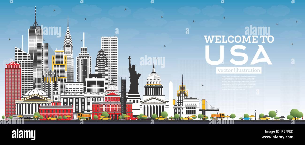 Welcome to USA Skyline with Gray Buildings and Blue Sky. Famous ...