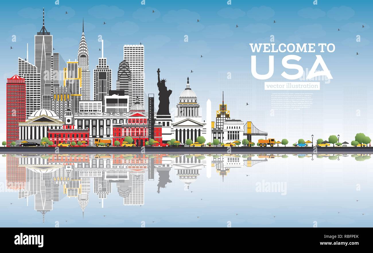Welcome to USA Skyline with Gray Buildings, Blue Sky and Reflections ...
