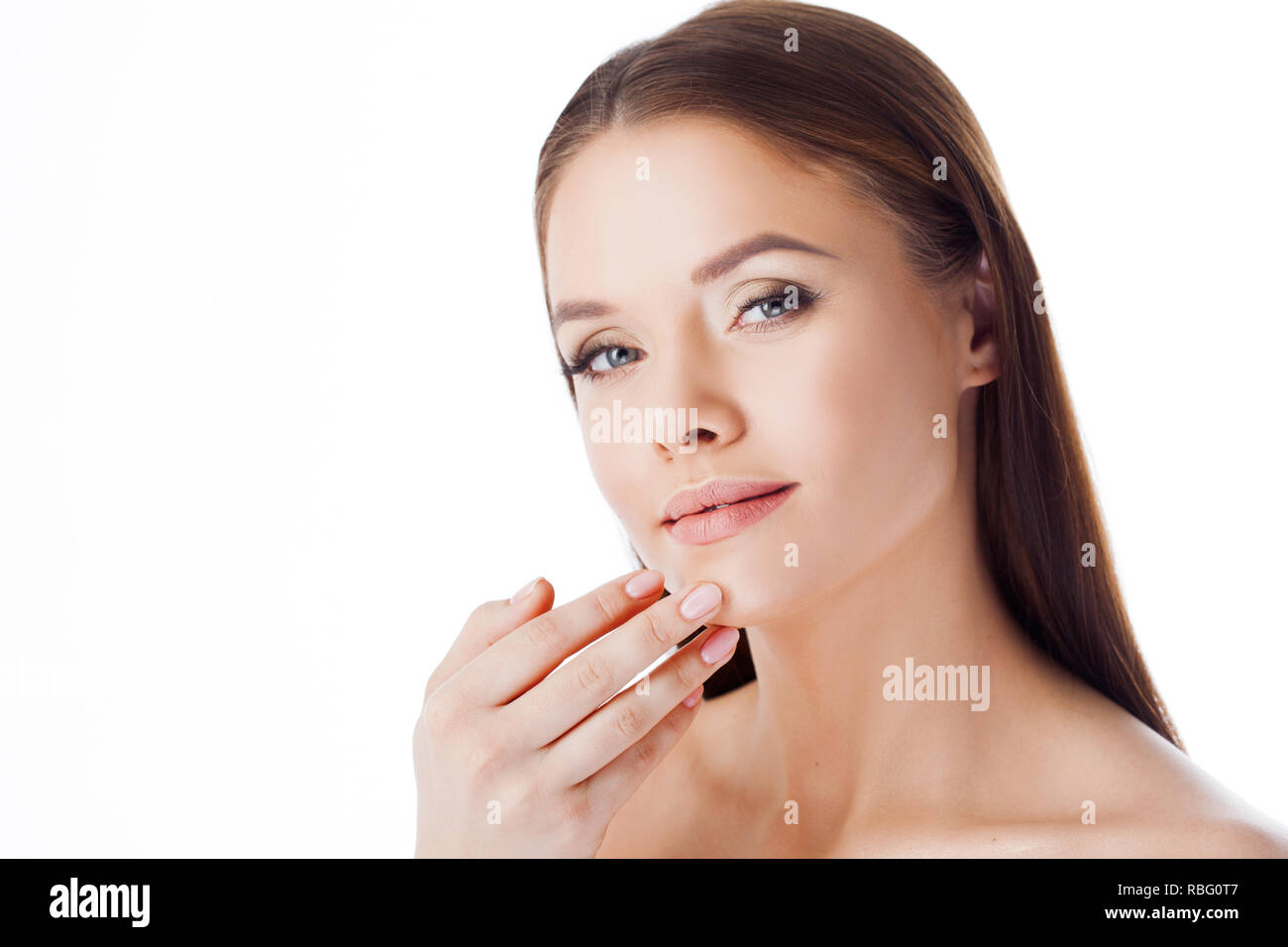 Natural beauty without makeup. Young beautiful brunette with clean ...