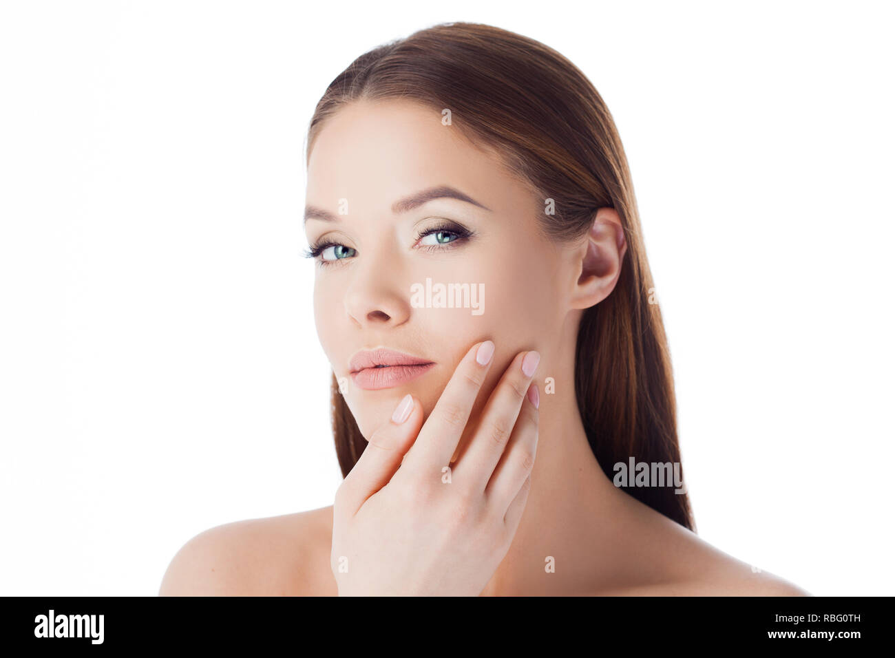 Natural beauty without makeup. Young beautiful brunette with clean ...