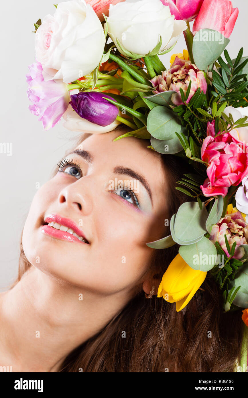 Close up Beauty Summer model girl portrait with colorful flowers wreath ...