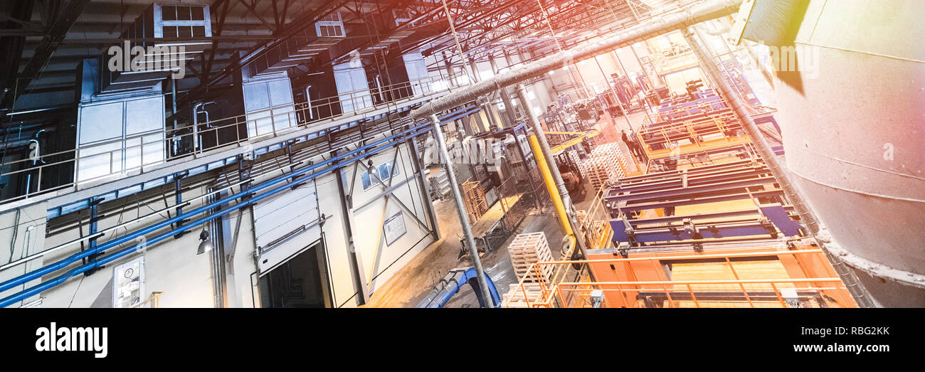 Fiberglass production industry equipment at manufacture background ...