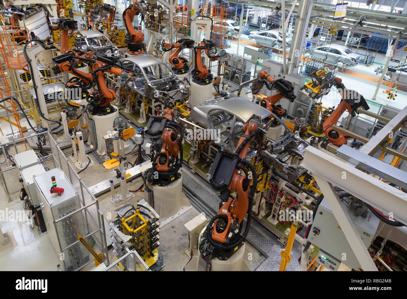 body of car on conveyor top view. Modern Assembly of cars at the plant ...