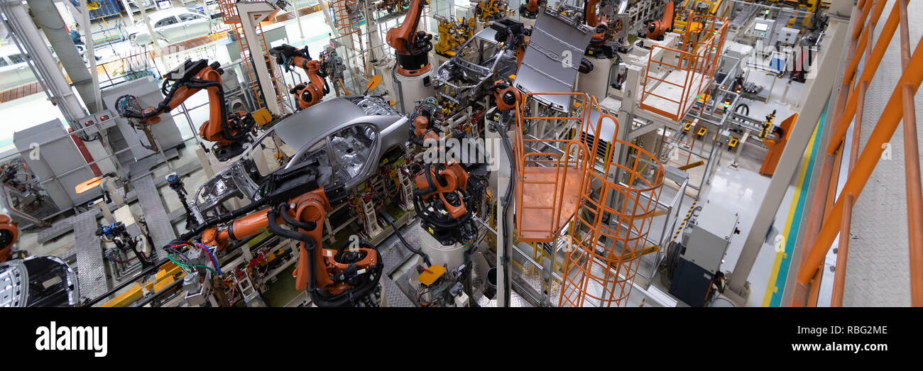 welding of car body. Automotive production line. long format. Wide ...