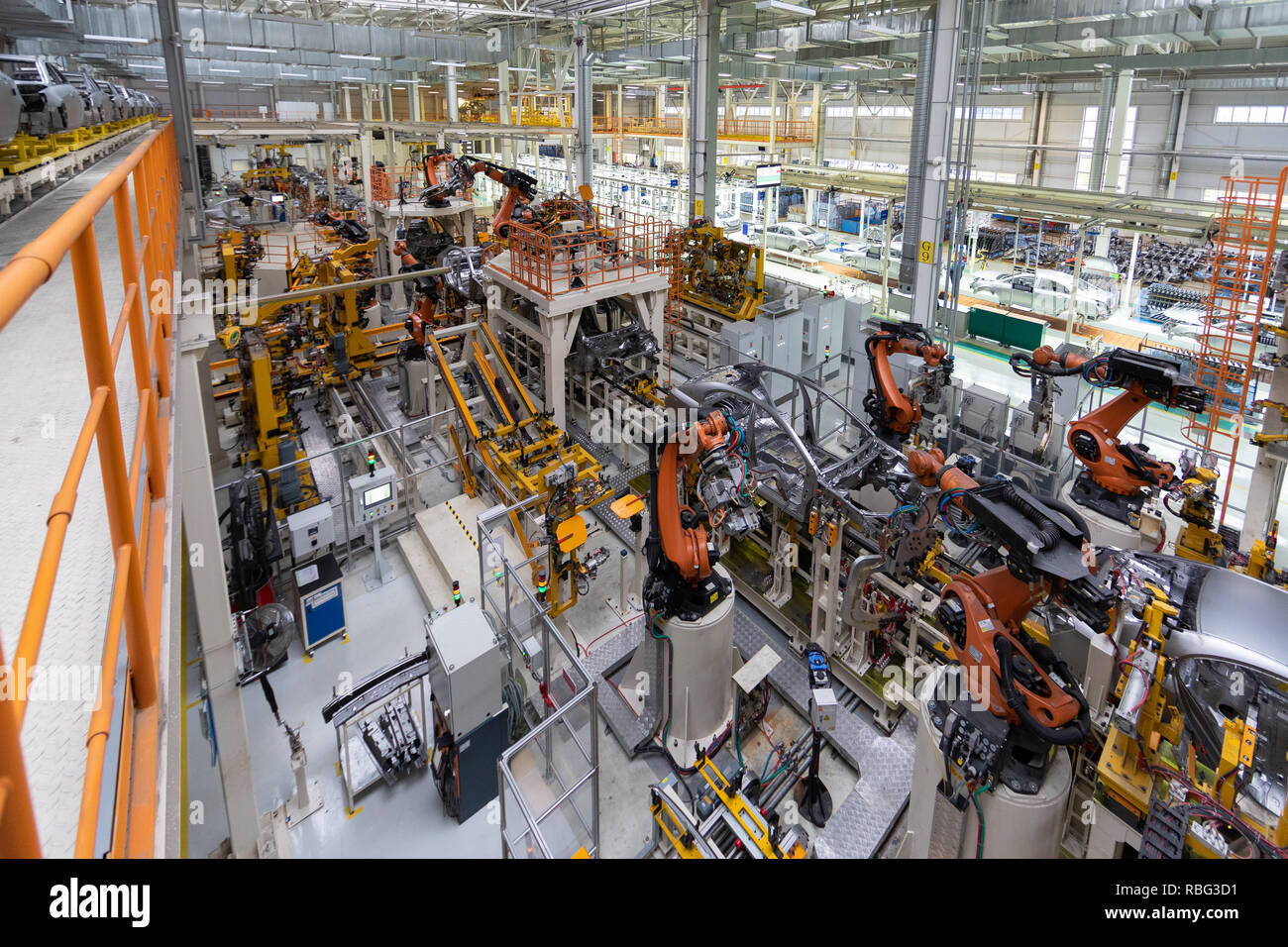 body of car on conveyor top view. Modern Assembly of cars at the plant ...