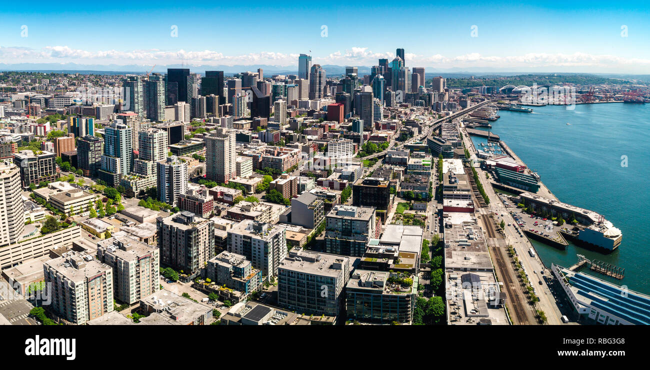 Vibrant Pacific Northwest cityscape drone perspective with colorful ...