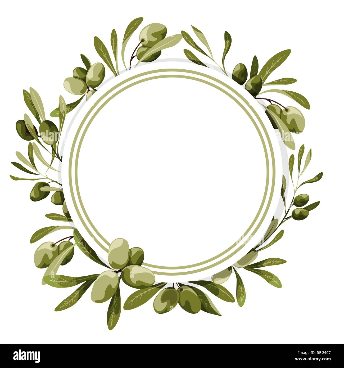 Vector circle label with olive tree decoration. Vegan food illustration ...