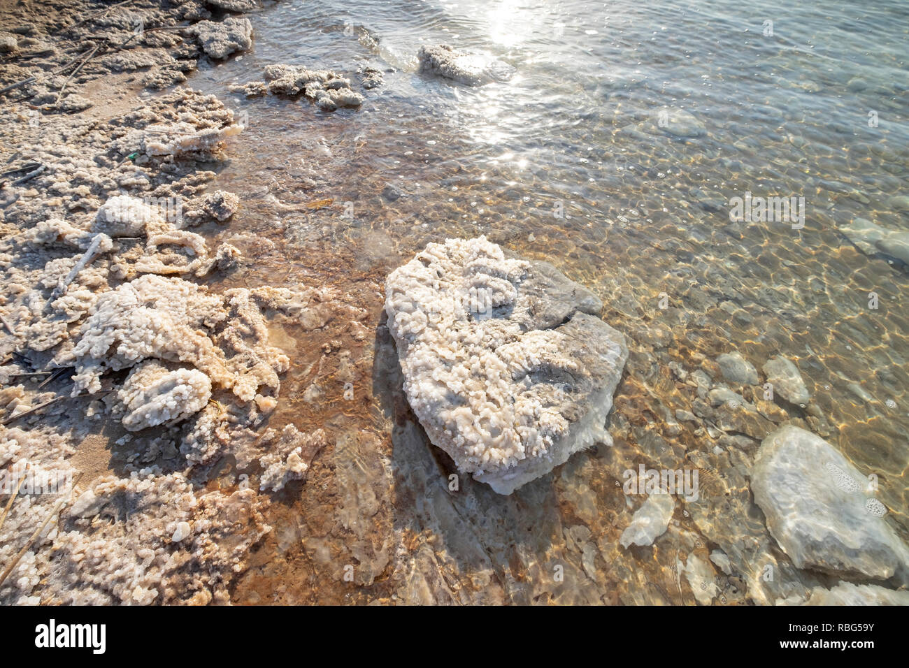 Crystallized salt rocks along the shores of the Dead Sea, Israel Stock ...