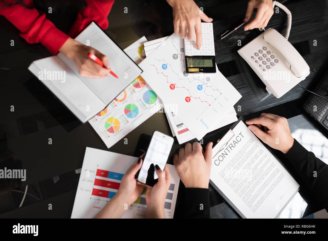 Office Desk with documents and calculator top view Stock Photo - Alamy