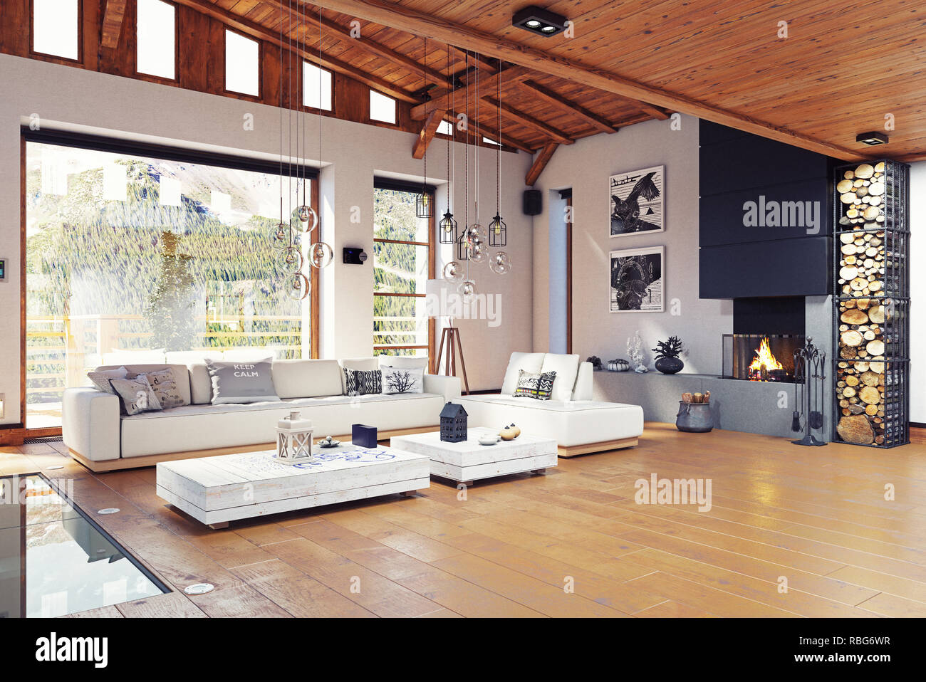 Modern chalet interior design. 3d rendering Stock Photo - Alamy