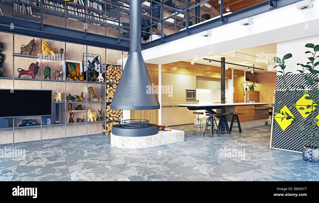 modern loft interior, 3d rendering design Stock Photo - Alamy