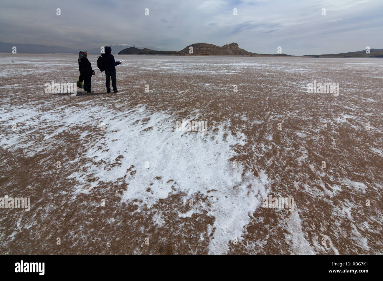 Mother and son, sightseeing, salt Lake Urmia, West Azerbaijan province ...