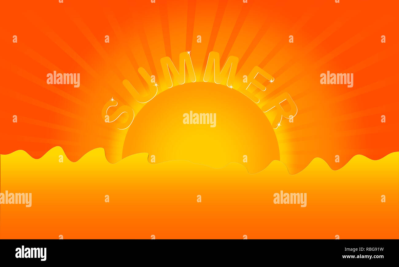 Orange colored Summer Background with big Sun and waves in warm Tones ...