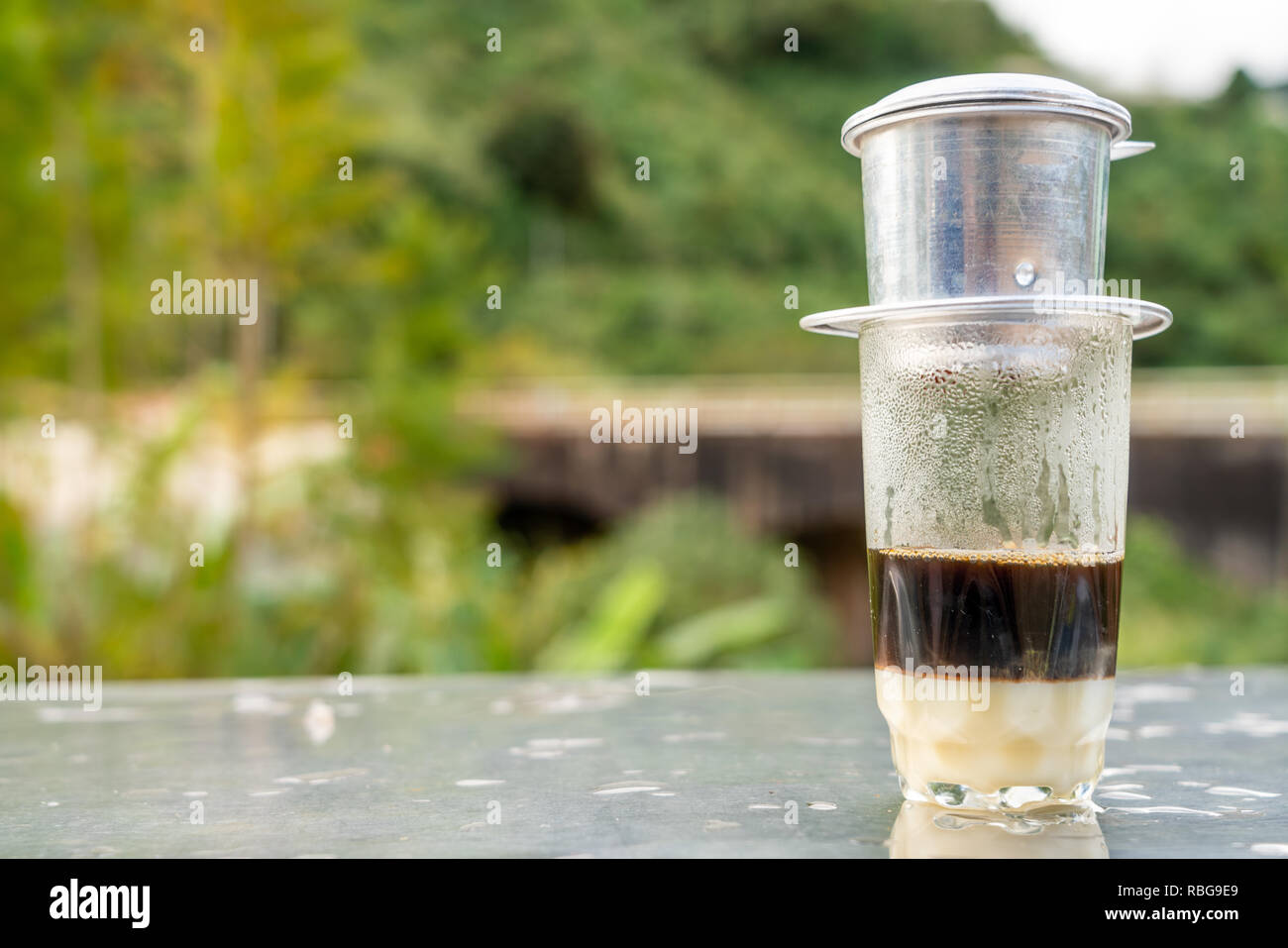 Vietnamese milk coffee with green forests background Stock Photo - Alamy