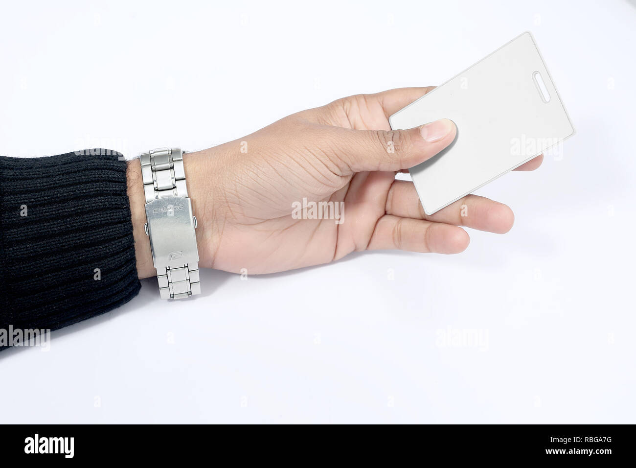 Picture of man hand is holding tag card. Isolated on the white ...