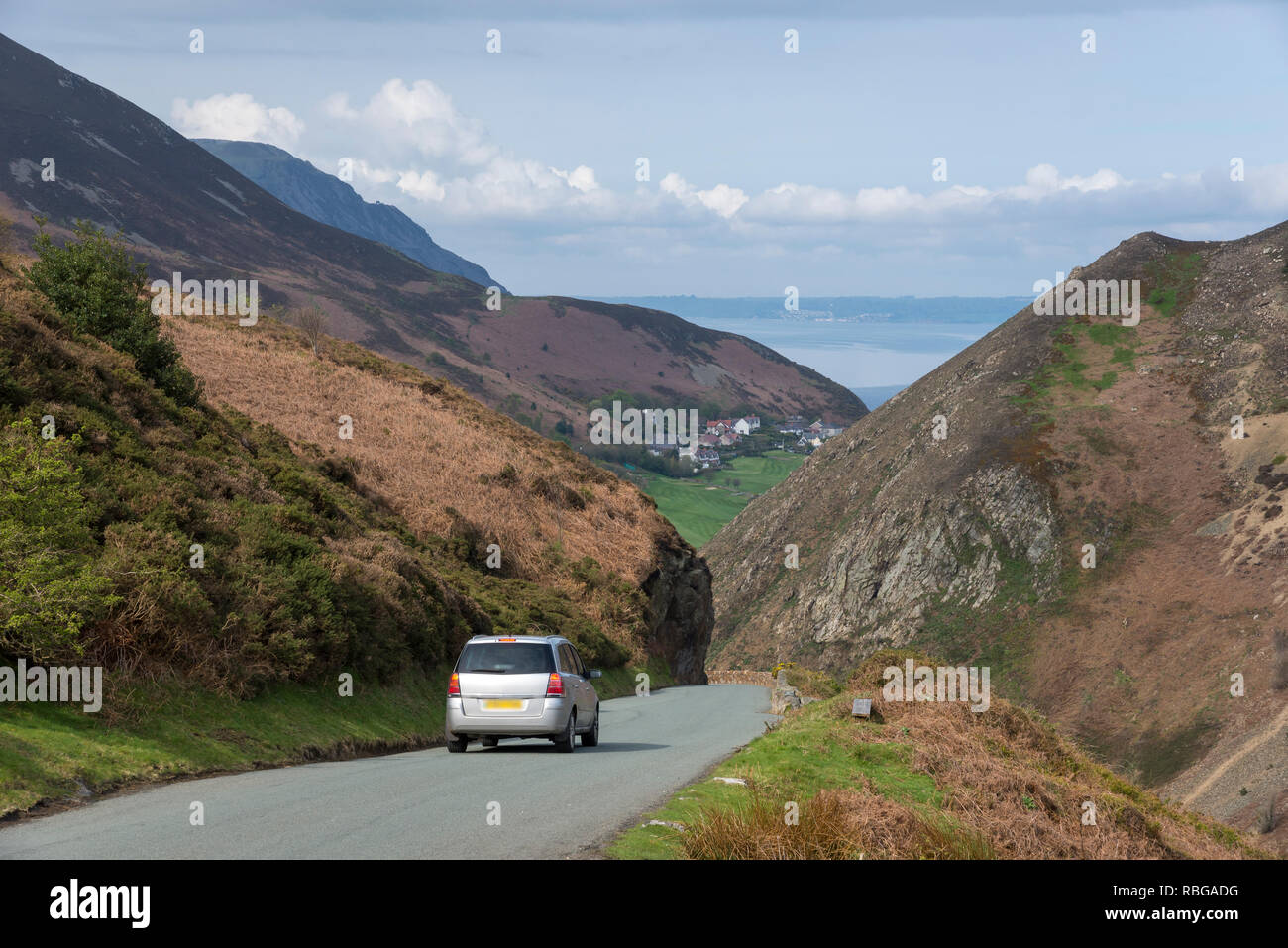 Car driving down the Sychnant Pass near Conwy on the coast of North ...