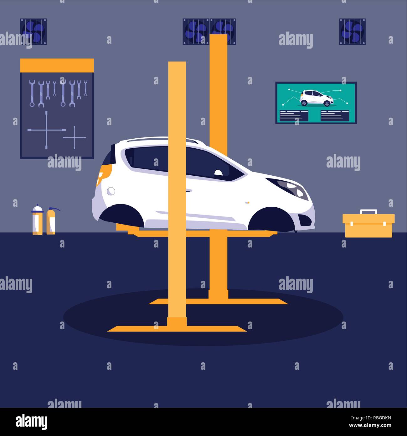 white car in maintenance workshop vector illustration design Stock ...