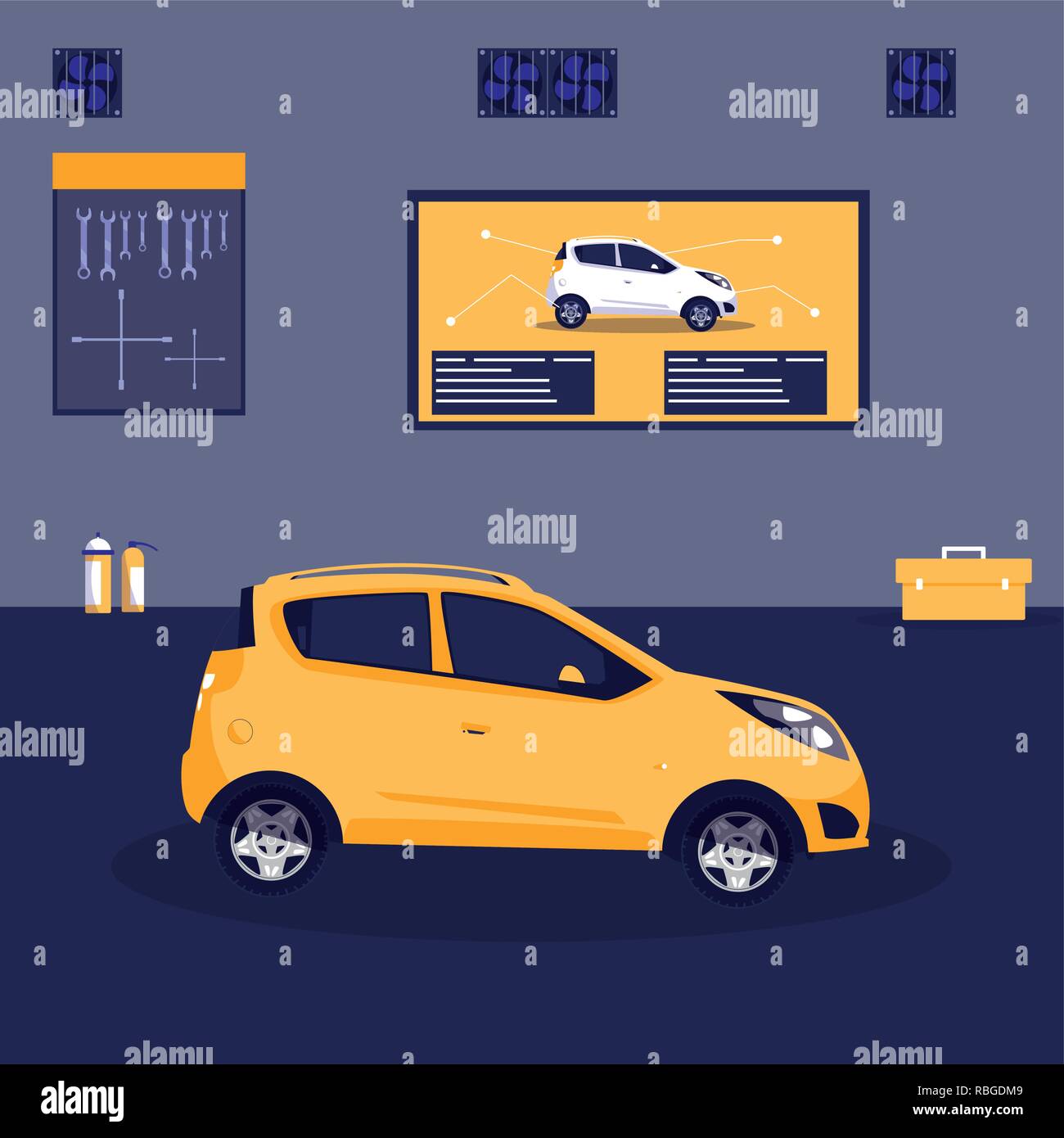 yellow car in maintenance workshop vector illustration design Stock ...