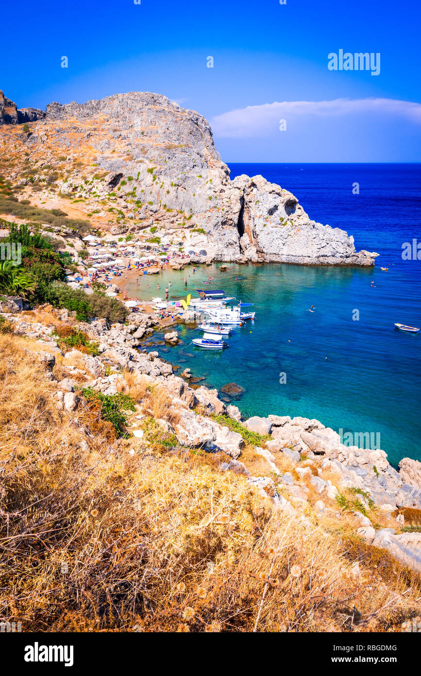 Rhodes, Greece. Lindos small whitewashed village and the Acropolis ...