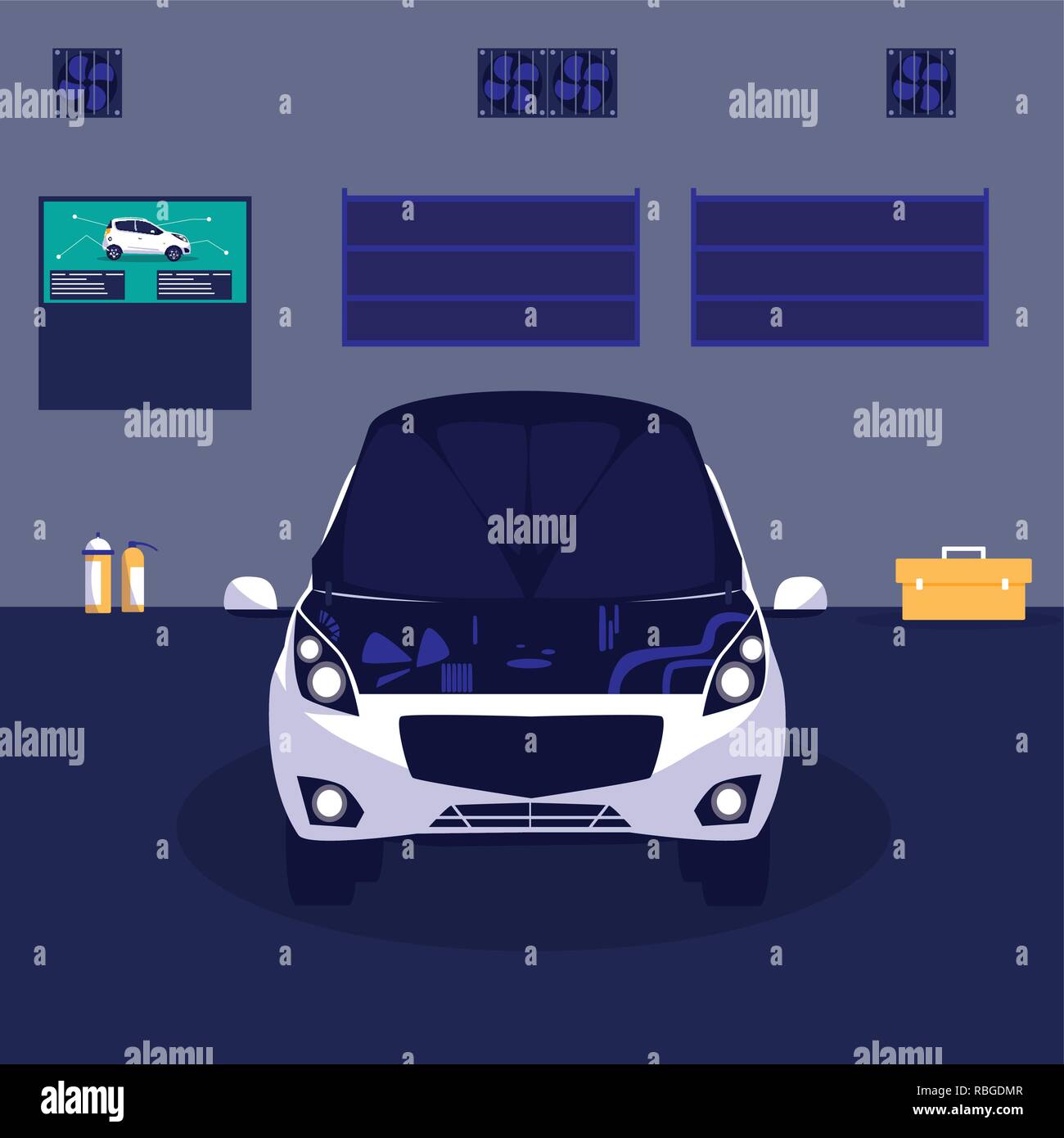 white car in maintenance workshop vector illustration design Stock ...