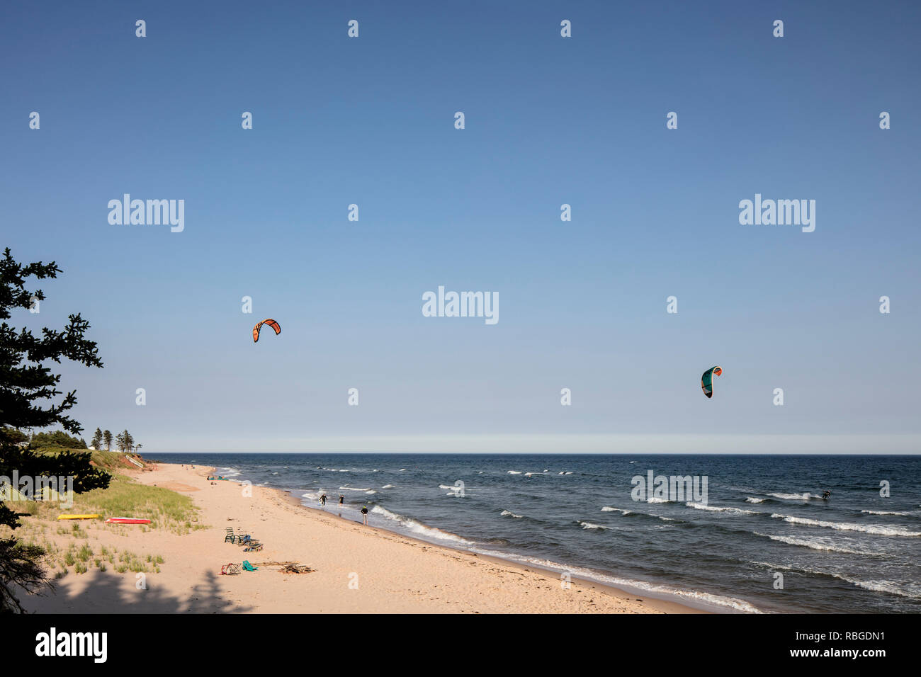 RED POINT, PRINCE EDWARD ISLAND, CANADA - July 9, 2018: Kite boarders ...