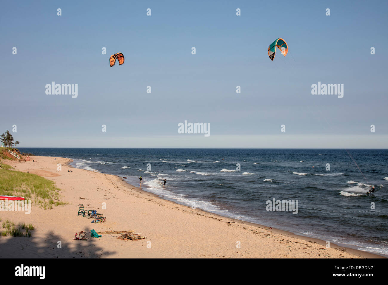 RED POINT, PRINCE EDWARD ISLAND, CANADA - July 9, 2018: Kite boarders ...