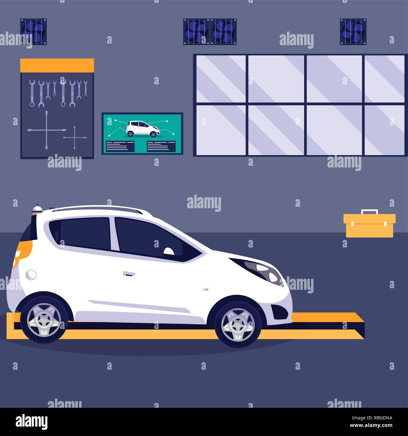 white car in maintenance workshop vector illustration design Stock ...