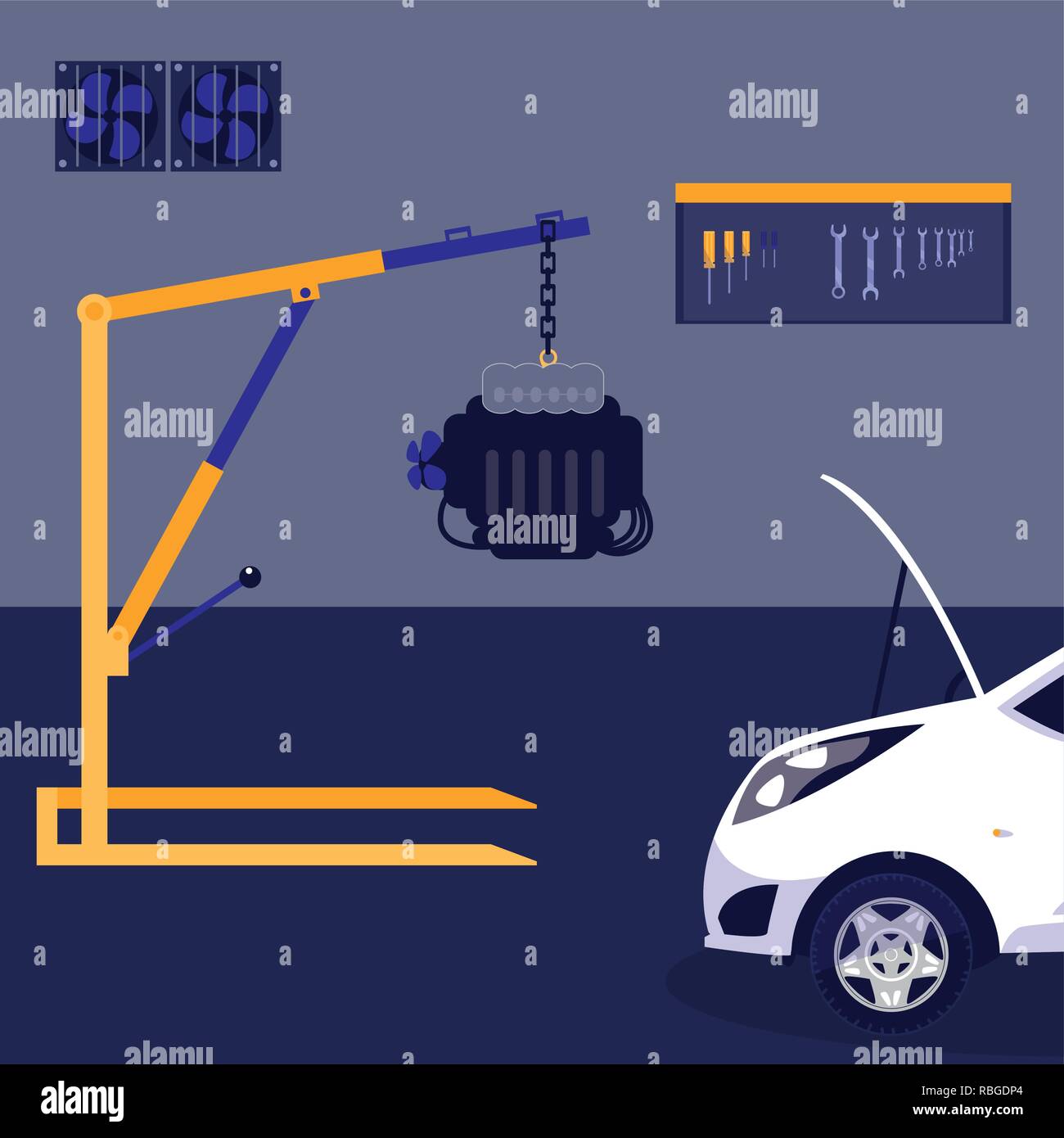 white car in maintenance workshop vector illustration design Stock ...