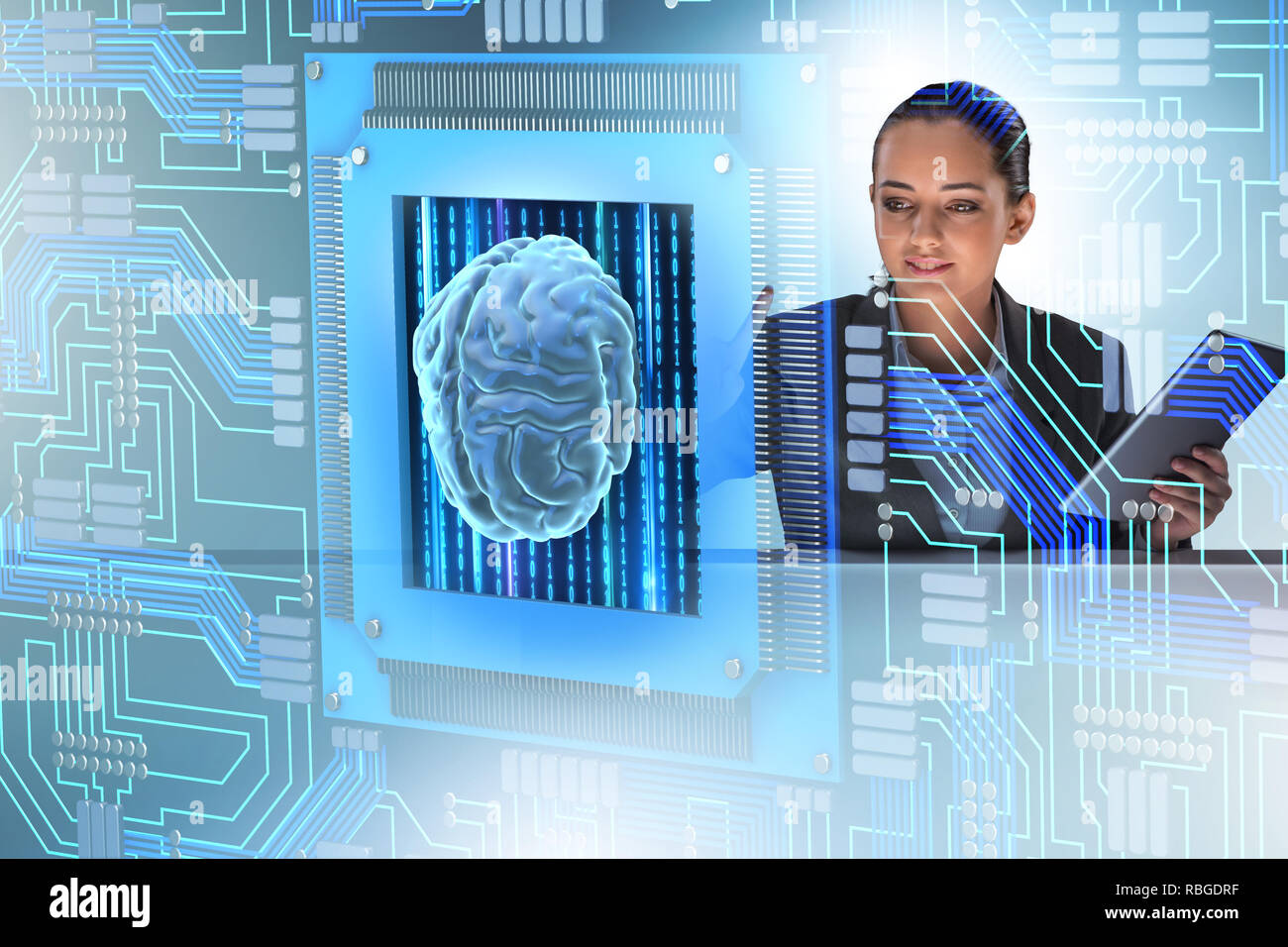 Cognitive computive concept with woman pressing buttons Stock Photo - Alamy