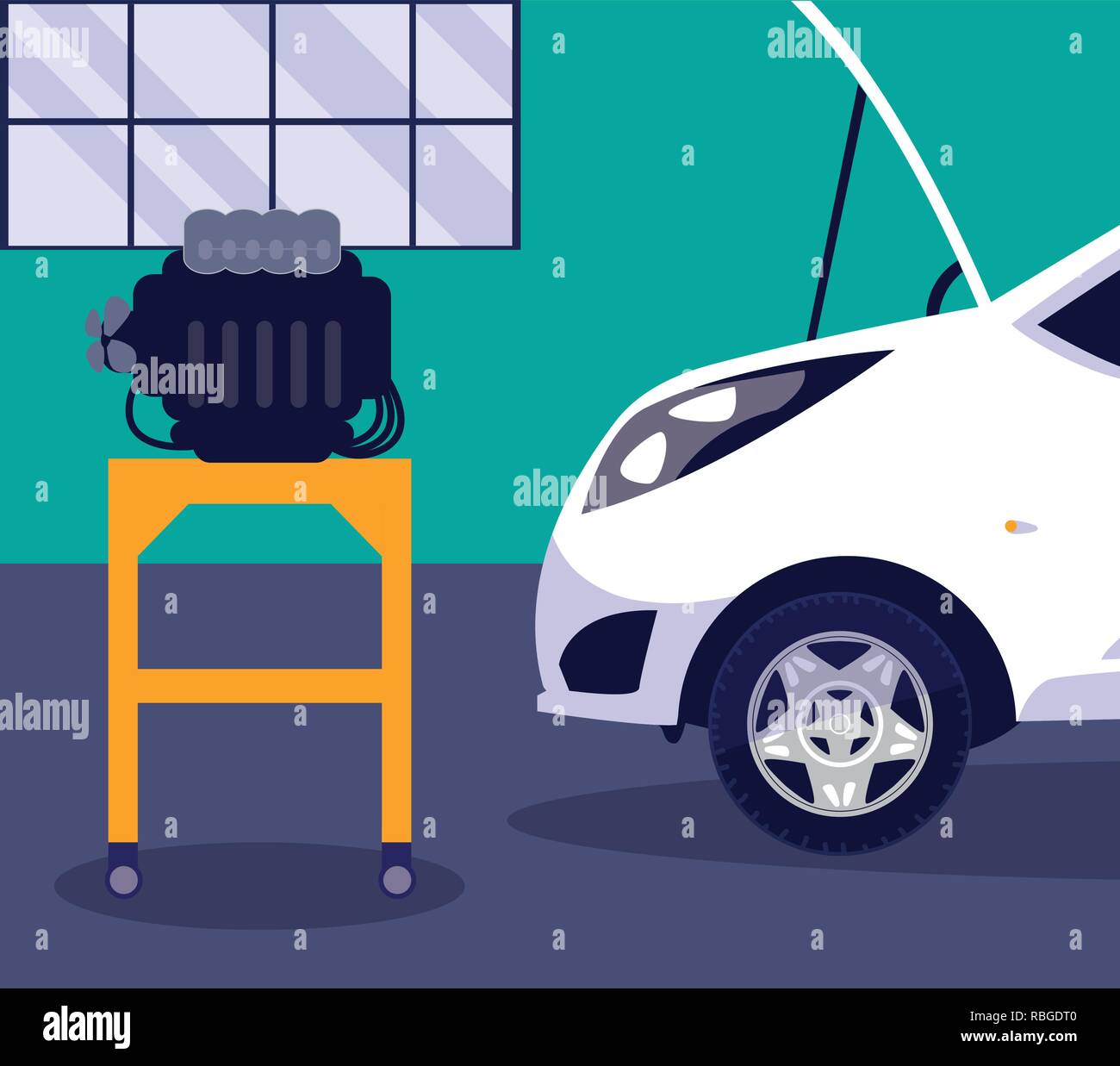 white car in maintenance workshop vector illustration design Stock ...