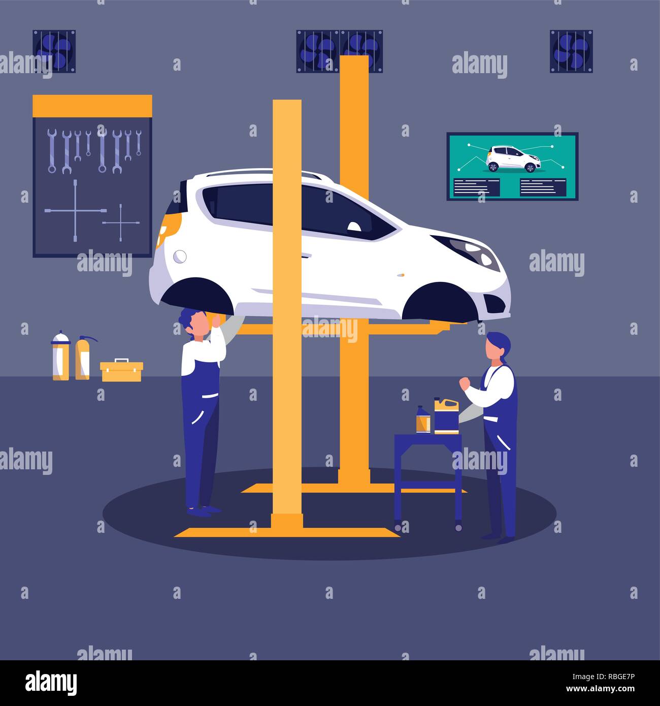 car in maintenance workshop with mechanics team vector illustration ...