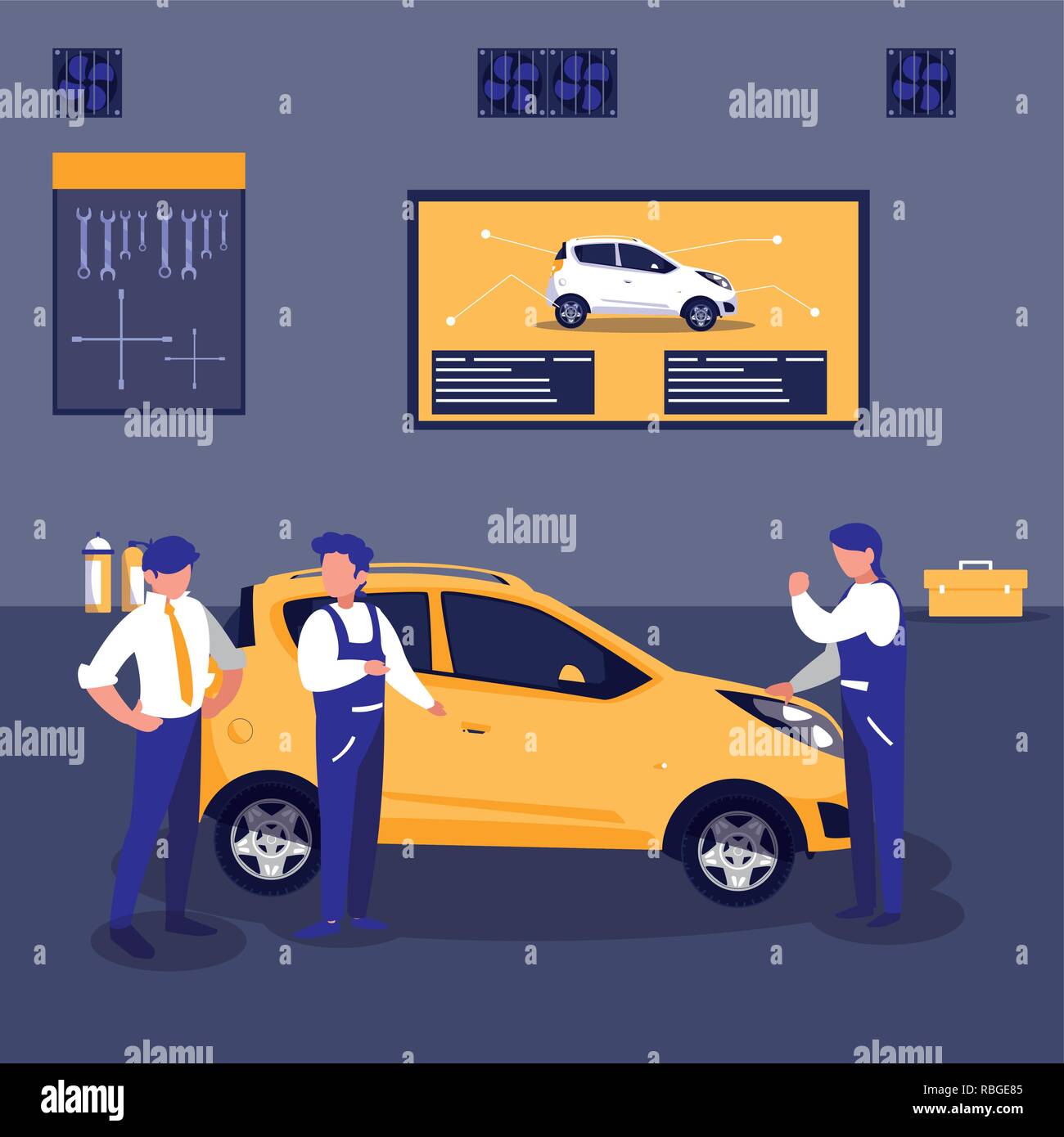 car in maintenance workshop with mechanics team vector illustration ...