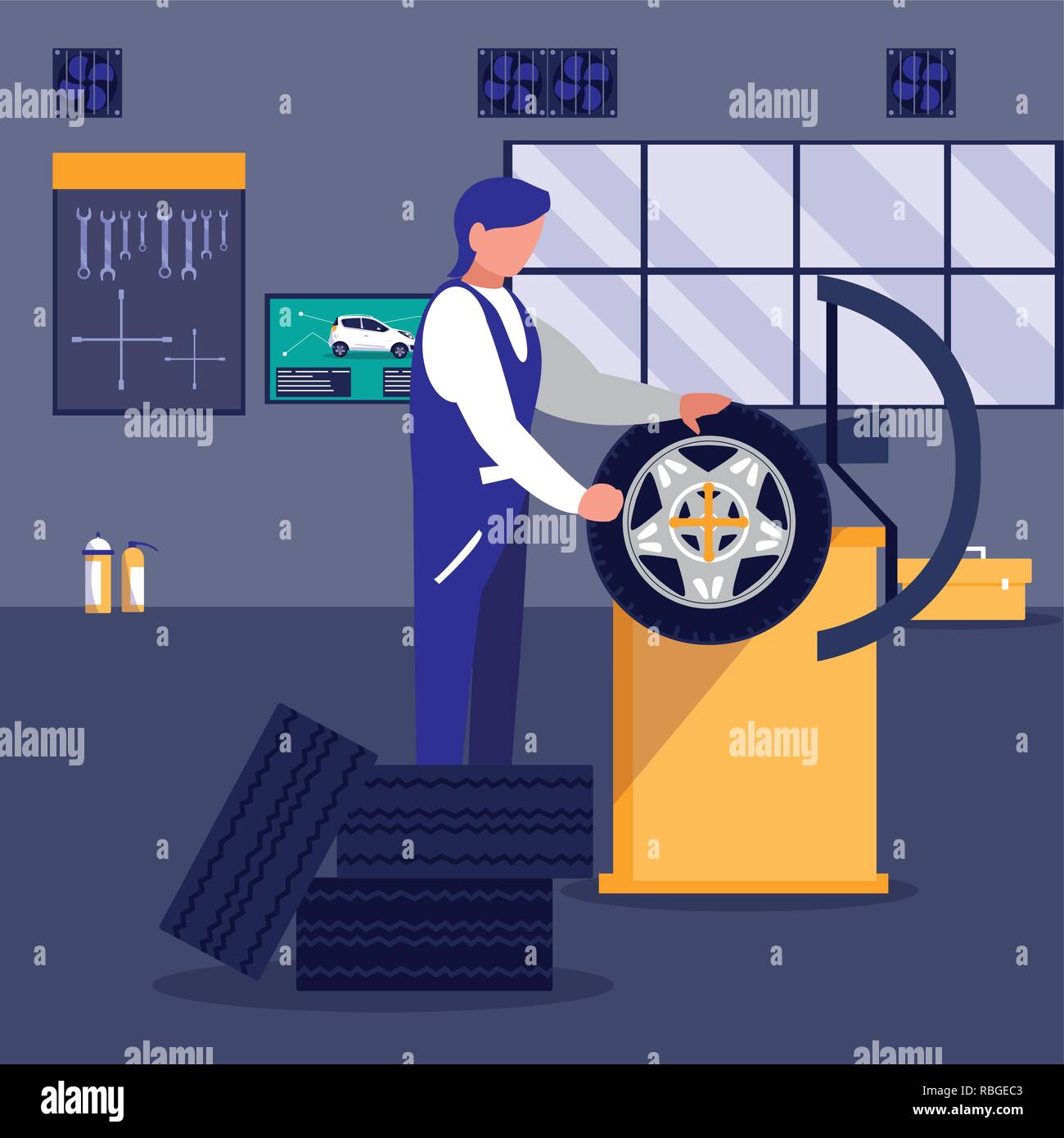 car in maintenance workshop with mechanic working vector illustration ...