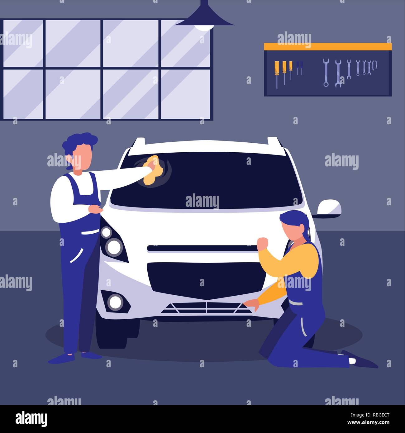 car in maintenance workshop with mechanics team vector illustration ...