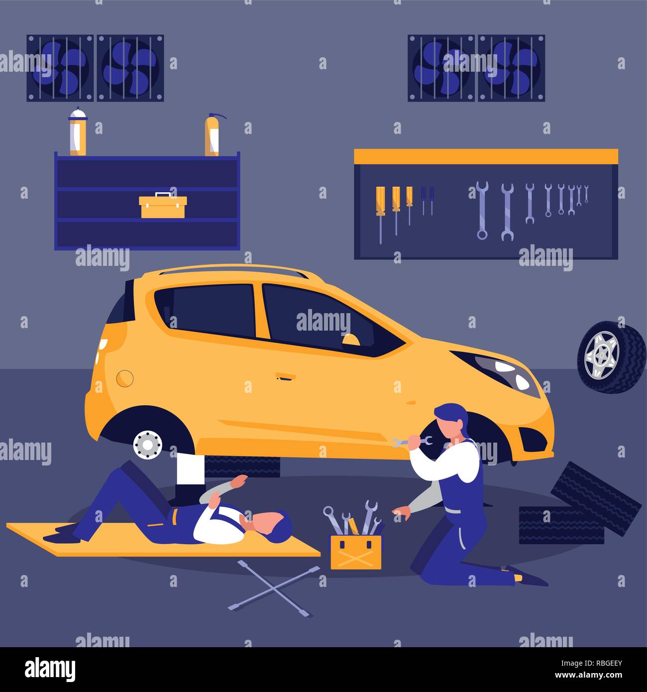 car in maintenance workshop with mechanics team vector illustration ...