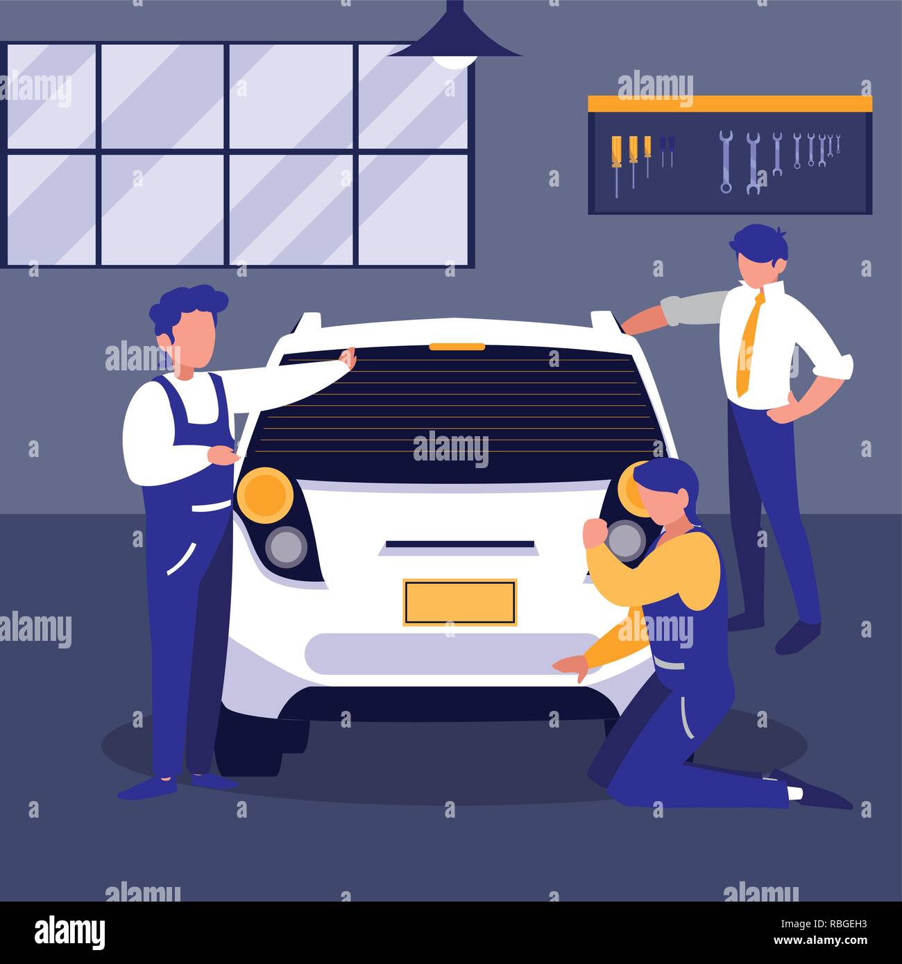 car in maintenance workshop with mechanics team vector illustration ...