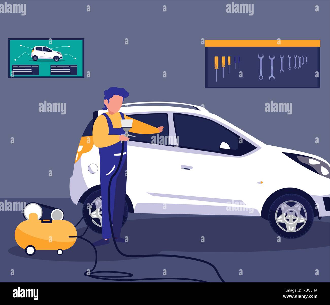 car in maintenance workshop with mechanic working vector illustration ...