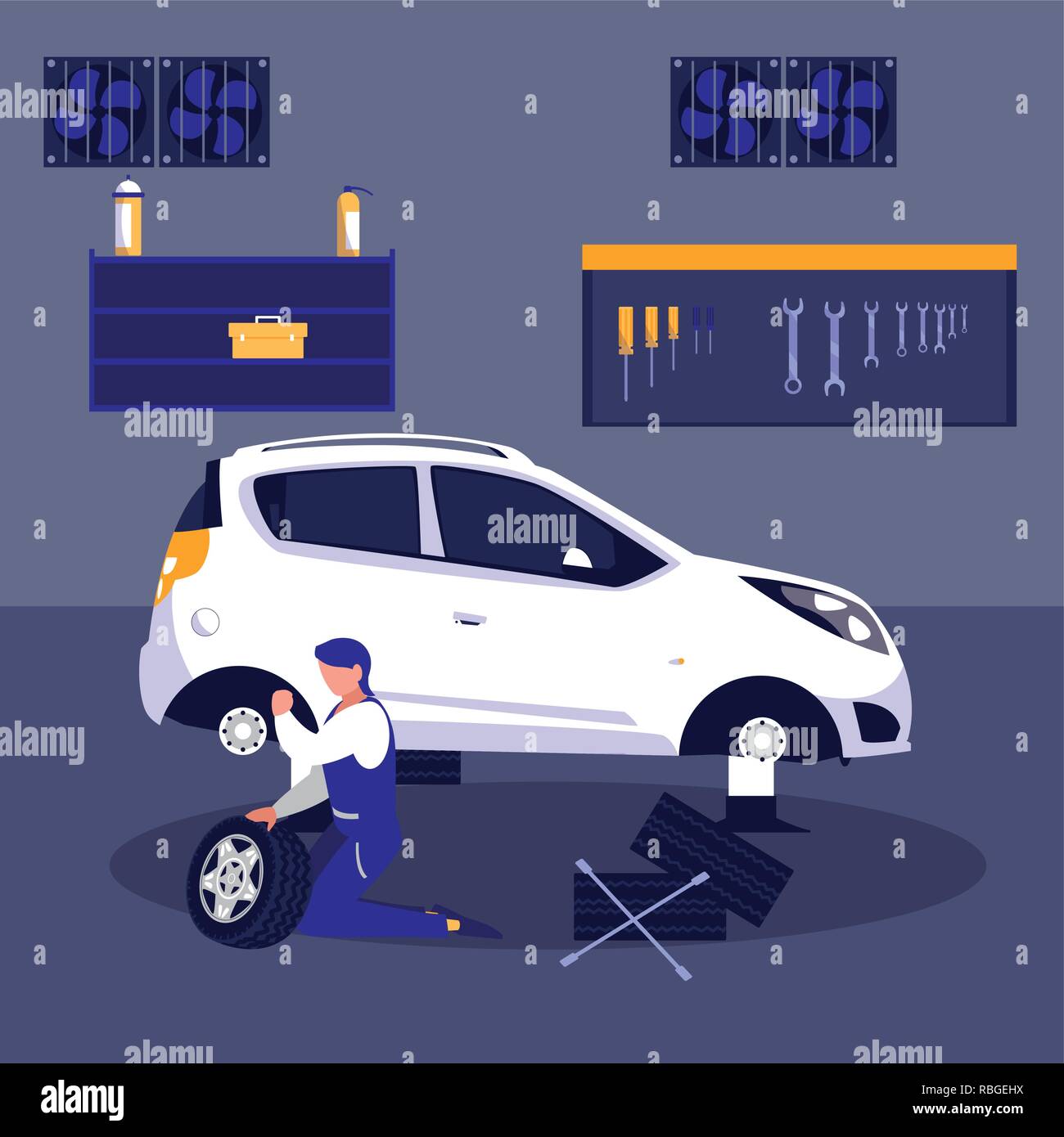 car in maintenance workshop with mechanic working vector illustration ...