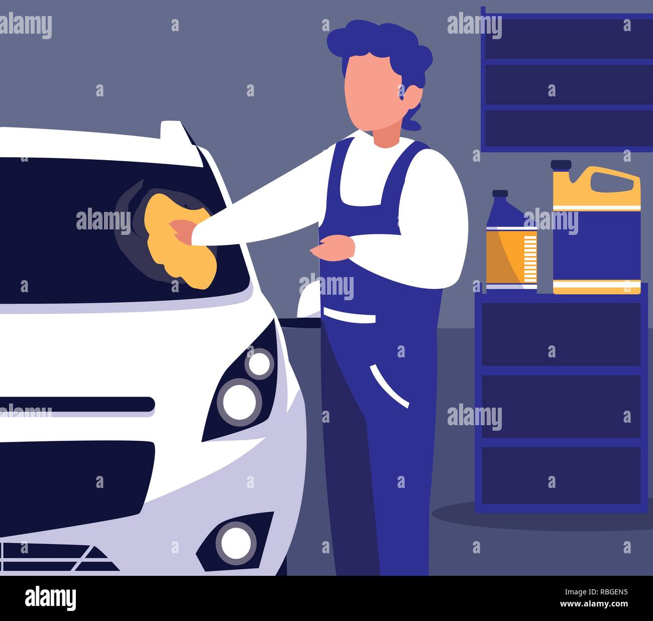 car in maintenance workshop with mechanic working vector illustration ...