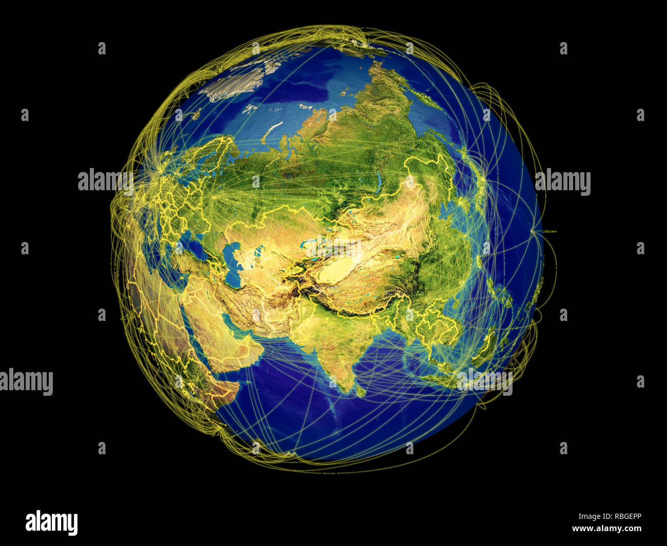 Asia from space on Earth with country borders and lines representing ...