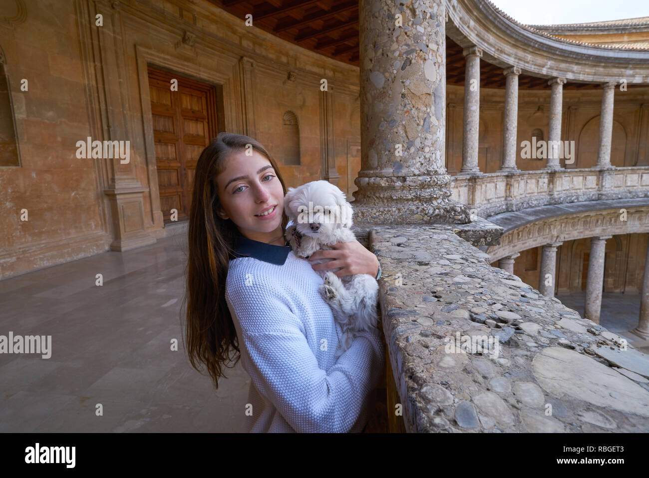 Tourist girl with pet doy in Alhambra of Granada in Spain Stock Photo ...