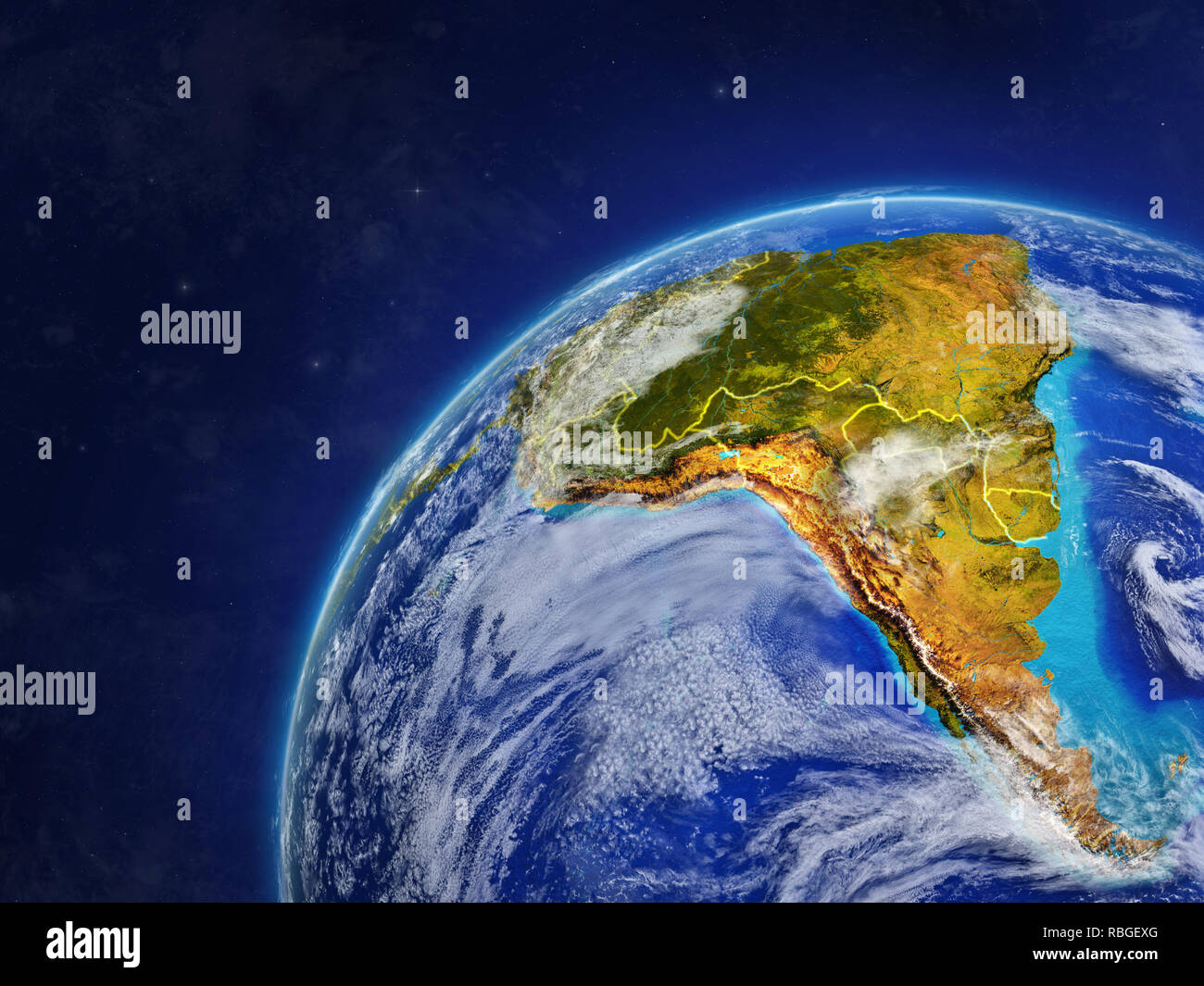 South America on model of planet Earth with country borders and very ...