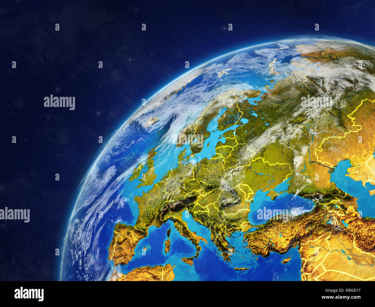 Europe on model of planet Earth with country borders and very detailed ...