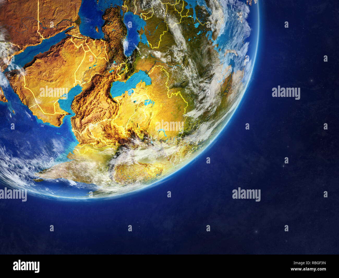 Asia on realistic model of planet Earth with country borders and very ...