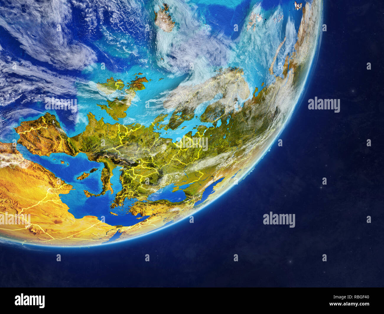 Europe on realistic model of planet Earth with country borders and very ...
