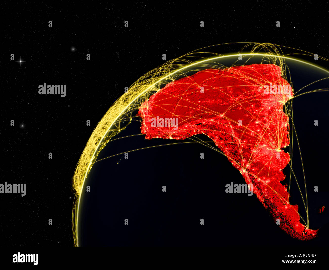 South America on dark Earth with network representing intercontinental ...